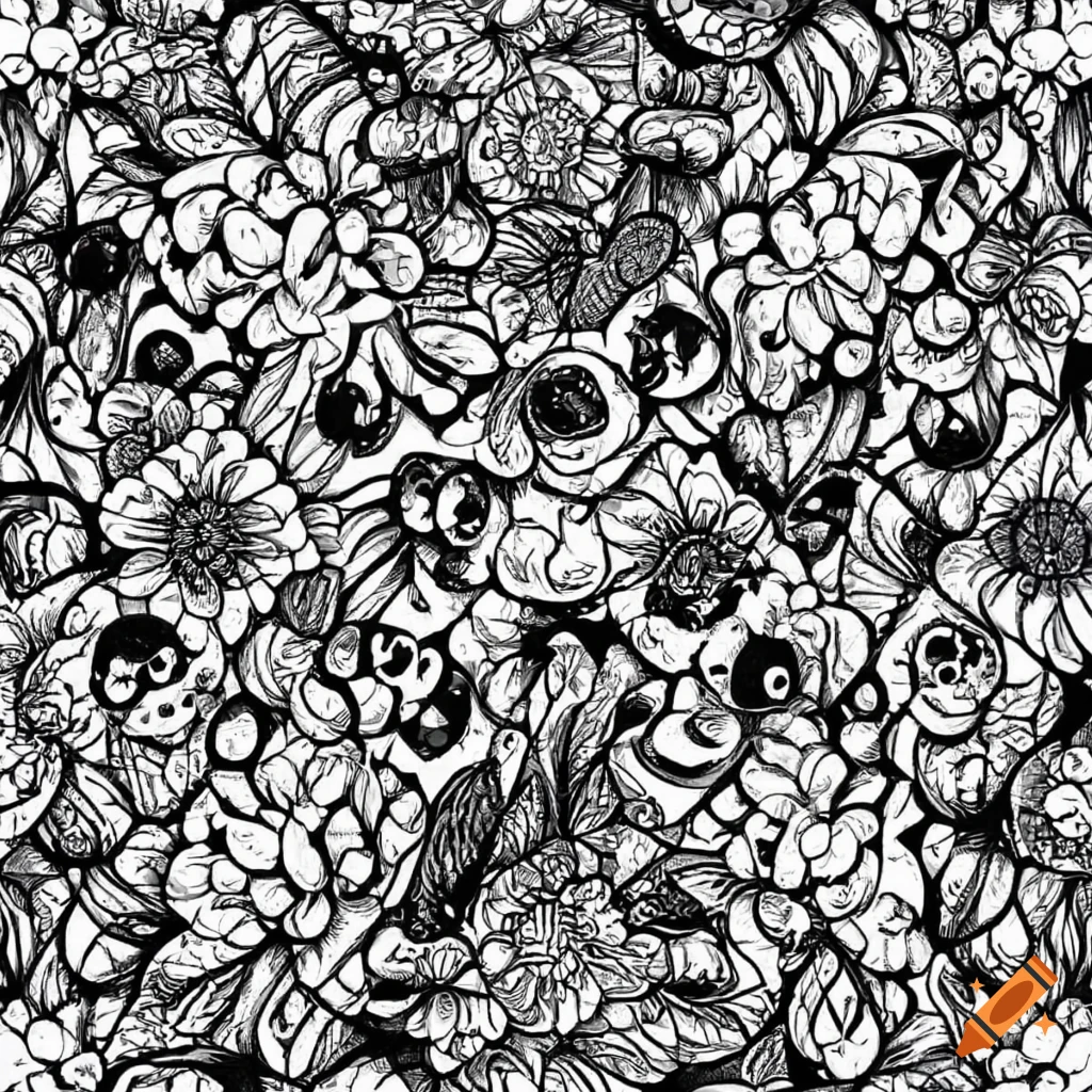 Kawaii pattern in black and white for coloring enthusiasts on Craiyon