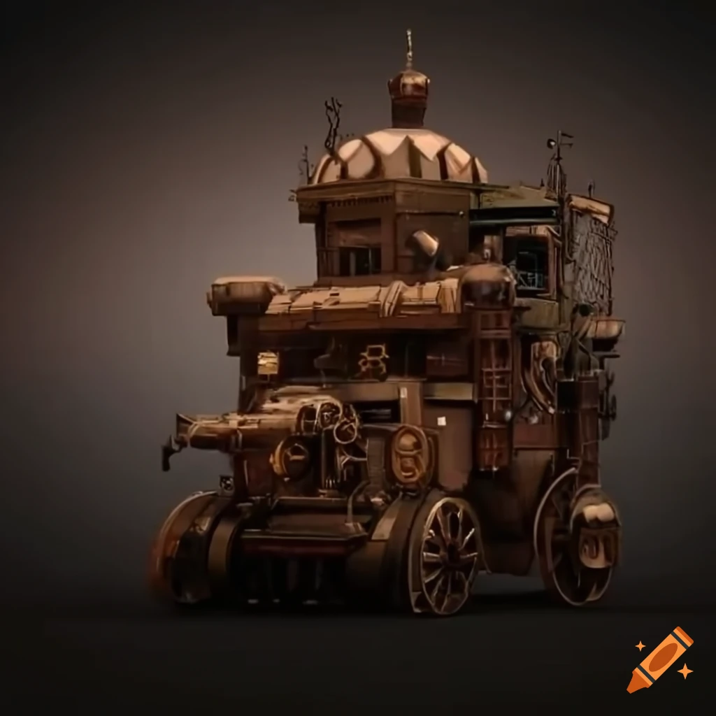 A massive steampunk train wagon that has a city block with different ...