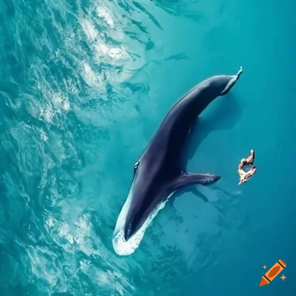 Birds eye view of whale swimming next to human on Craiyon