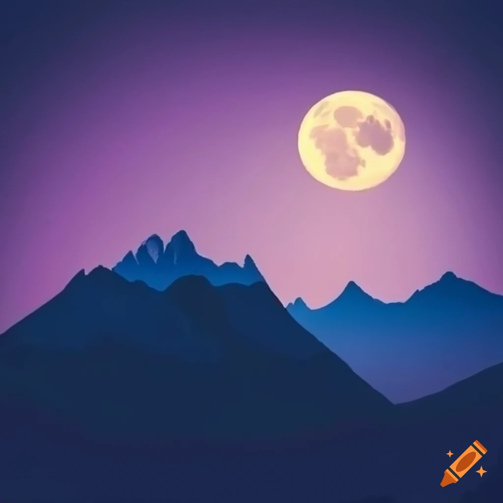 Simple mountain landscape at night with moon peaking from the mountain