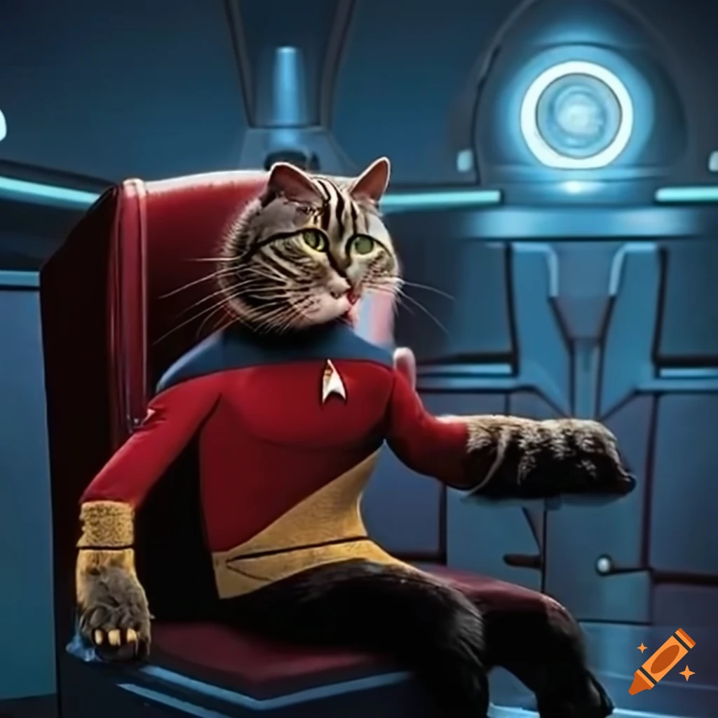 A cat captain sitting on the captains chair on star trek