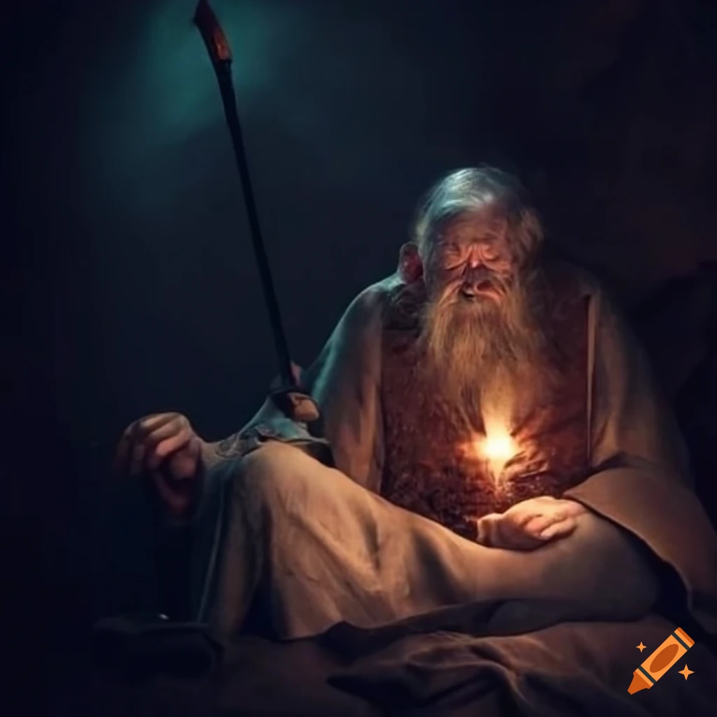 Old wizard sitting in a dark cave smoking a pipe, while holding a ...