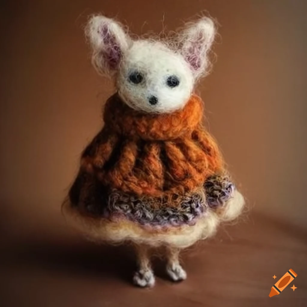 Felted wool creatures wearing intricate outfits