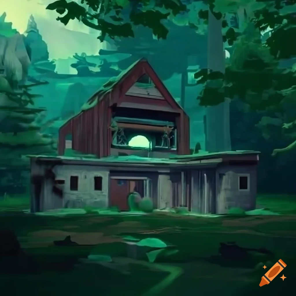 Decrepit lab building in a forest in a 3d steven universe art style