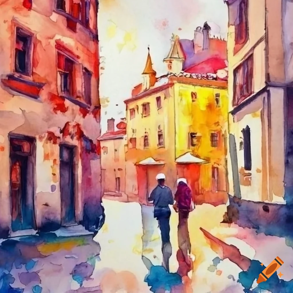 Watercolor drawing of young couple exploring old town together on Craiyon