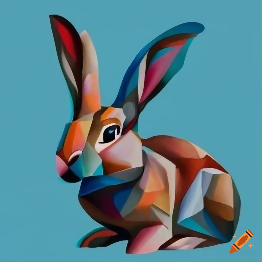 Cubism painting of a rabbit in dynamic move, white background