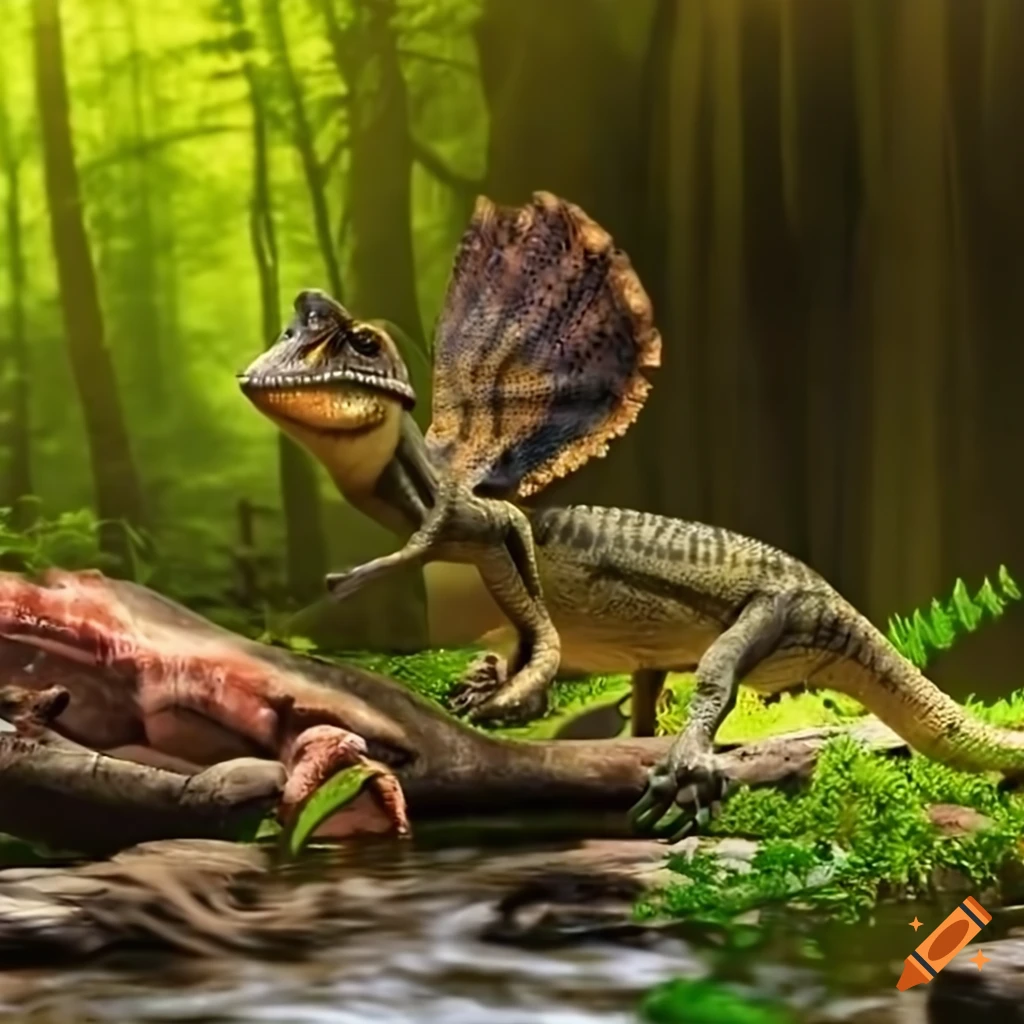 Three mostly brown and greenish-grey striped dilophosaurus with yellow ...