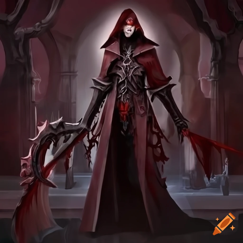 Tall pale lich trench coat red eyes necromancer vampire scythe on Craiyon