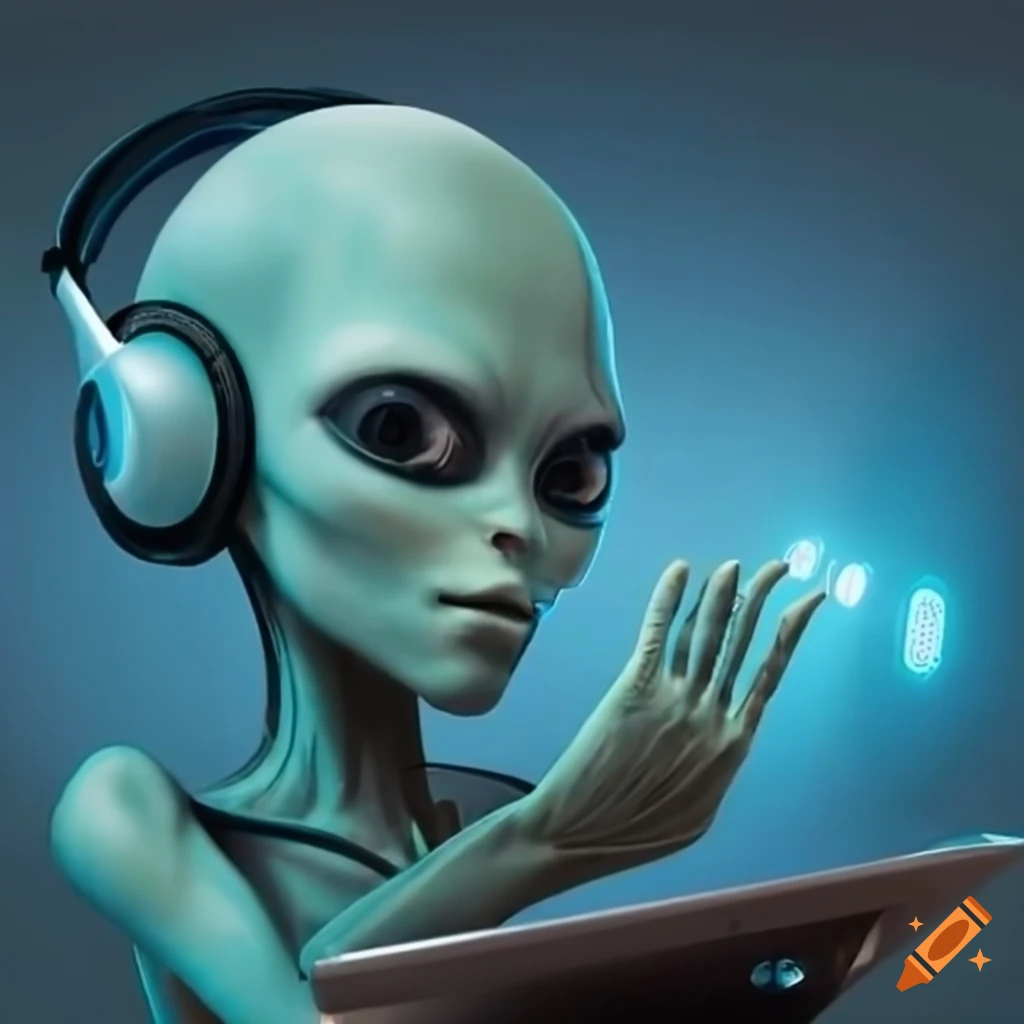 An alien computer technician using a laptop and listening to headphones ...