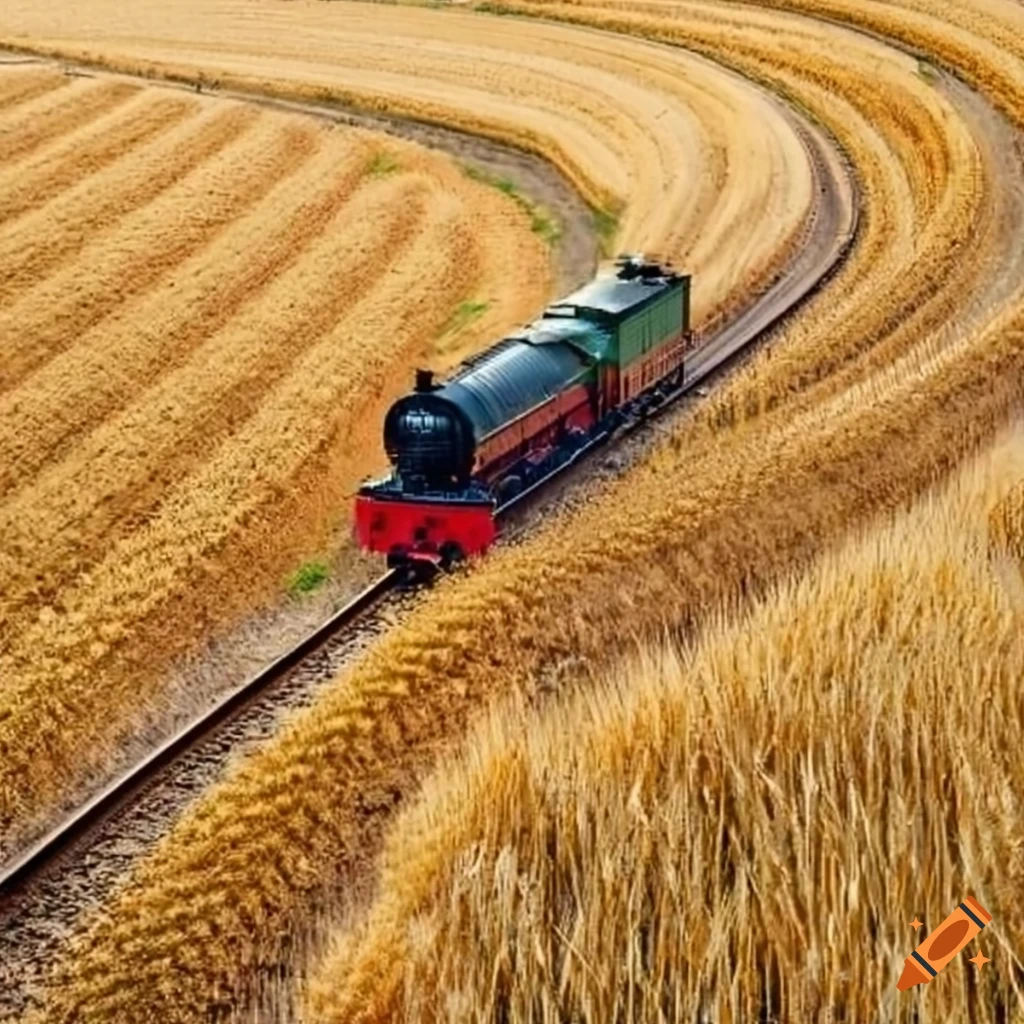 A steam train winding through fields of golden wheat, from above
