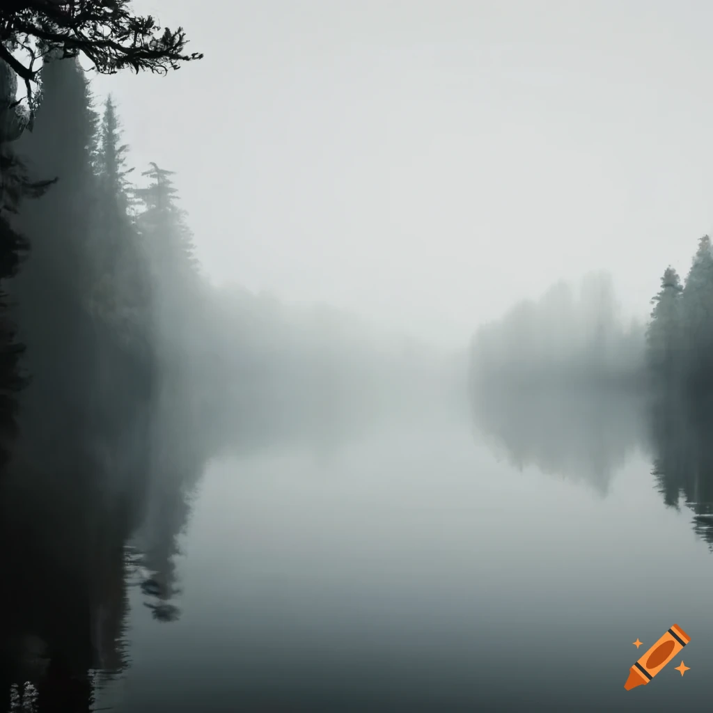 Landscape painting of misty lake with tall trees and hills