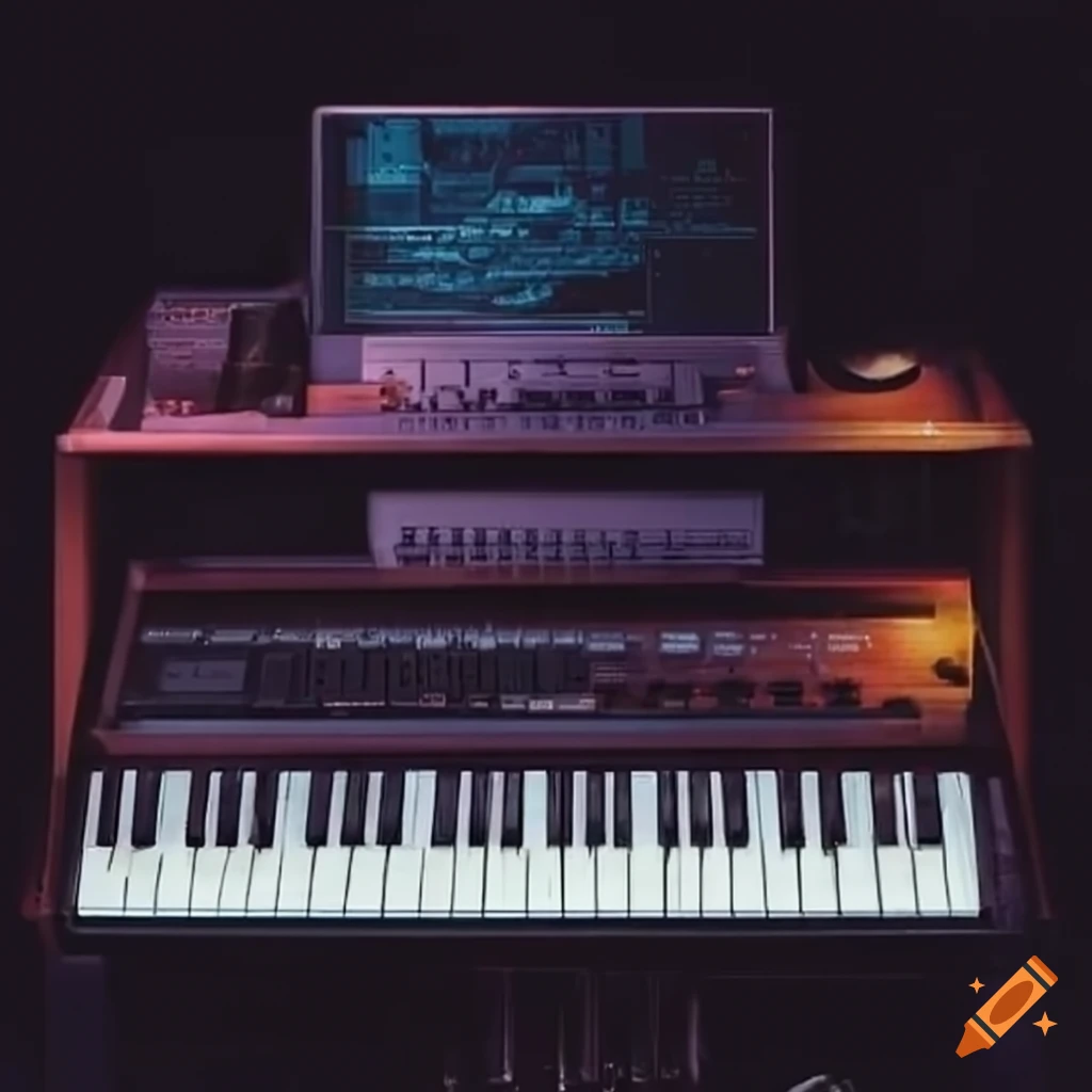 A bare-headed film score composer surrounded by computers, keyboards ...