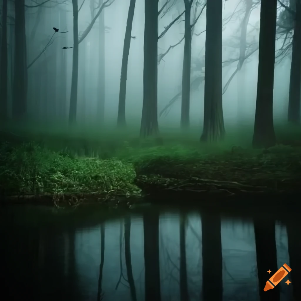 Misty forest scene small pond low quality photo on Craiyon