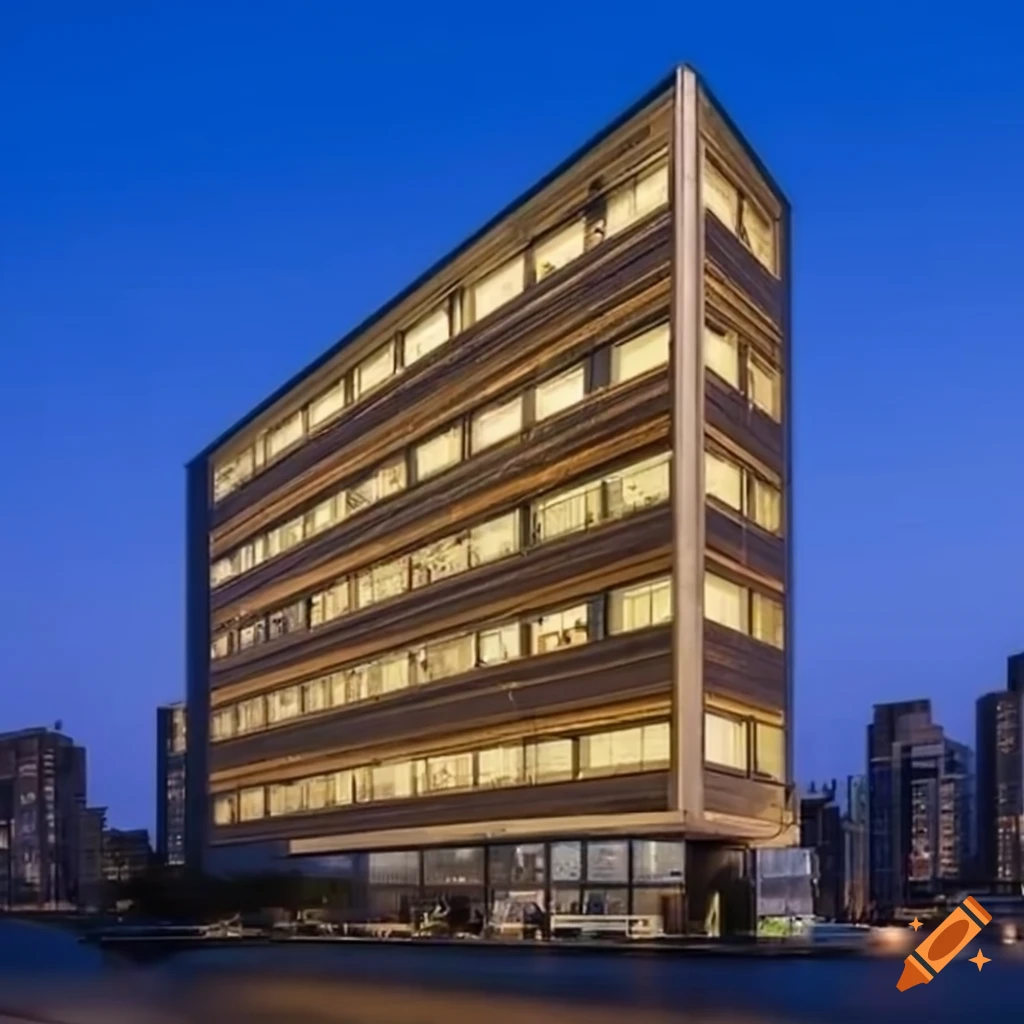 Modern 10-story co-working building with sleek, dual-material facade