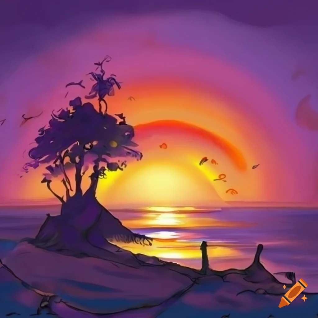 Draw a sunset in a fun and polished way use very high detail on Craiyon