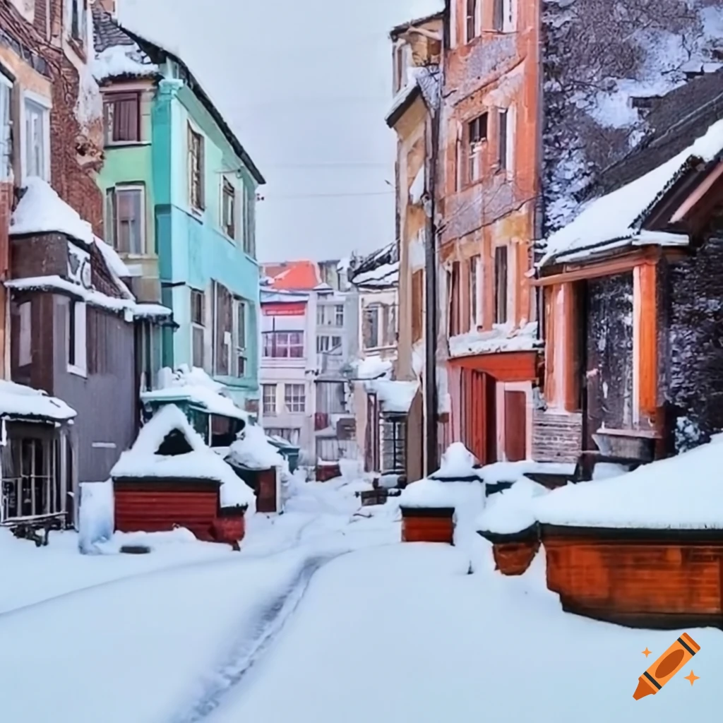 Small town in the snow, road, colorful houses on both sides, dreamcore ...