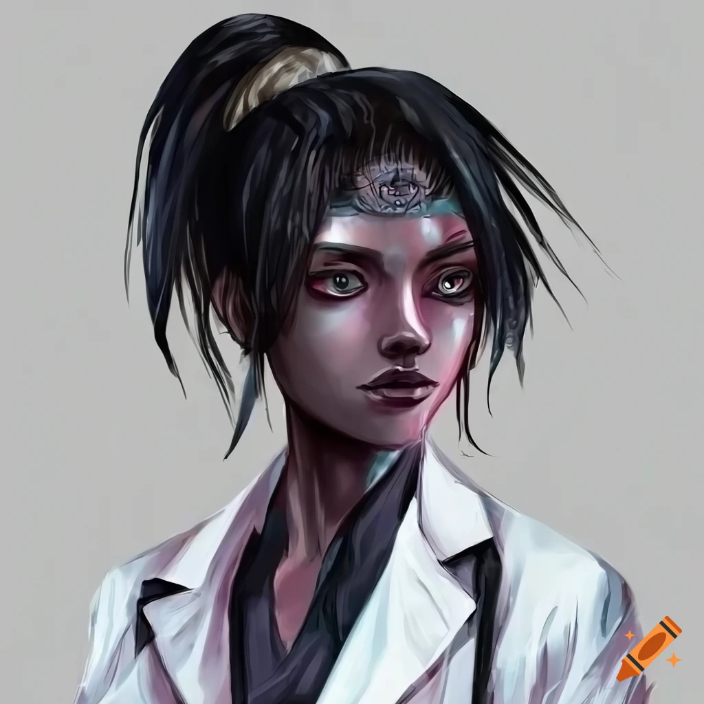 Obscured face black hair ponytail girl potion maker wearing a white lab ...