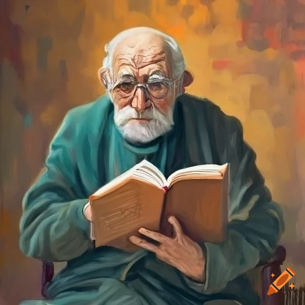 Old man reading book painting