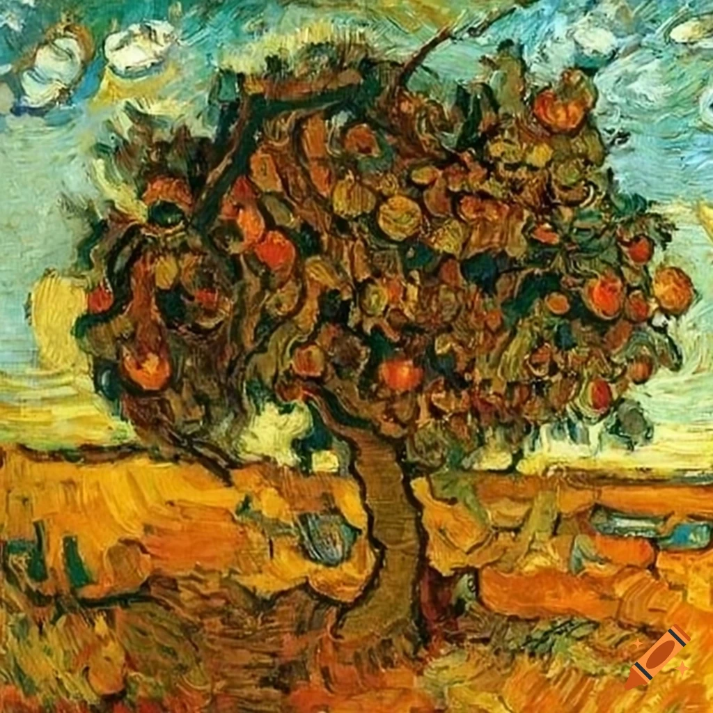 An apple tree during golden hour with fruits painted by vincent van ...