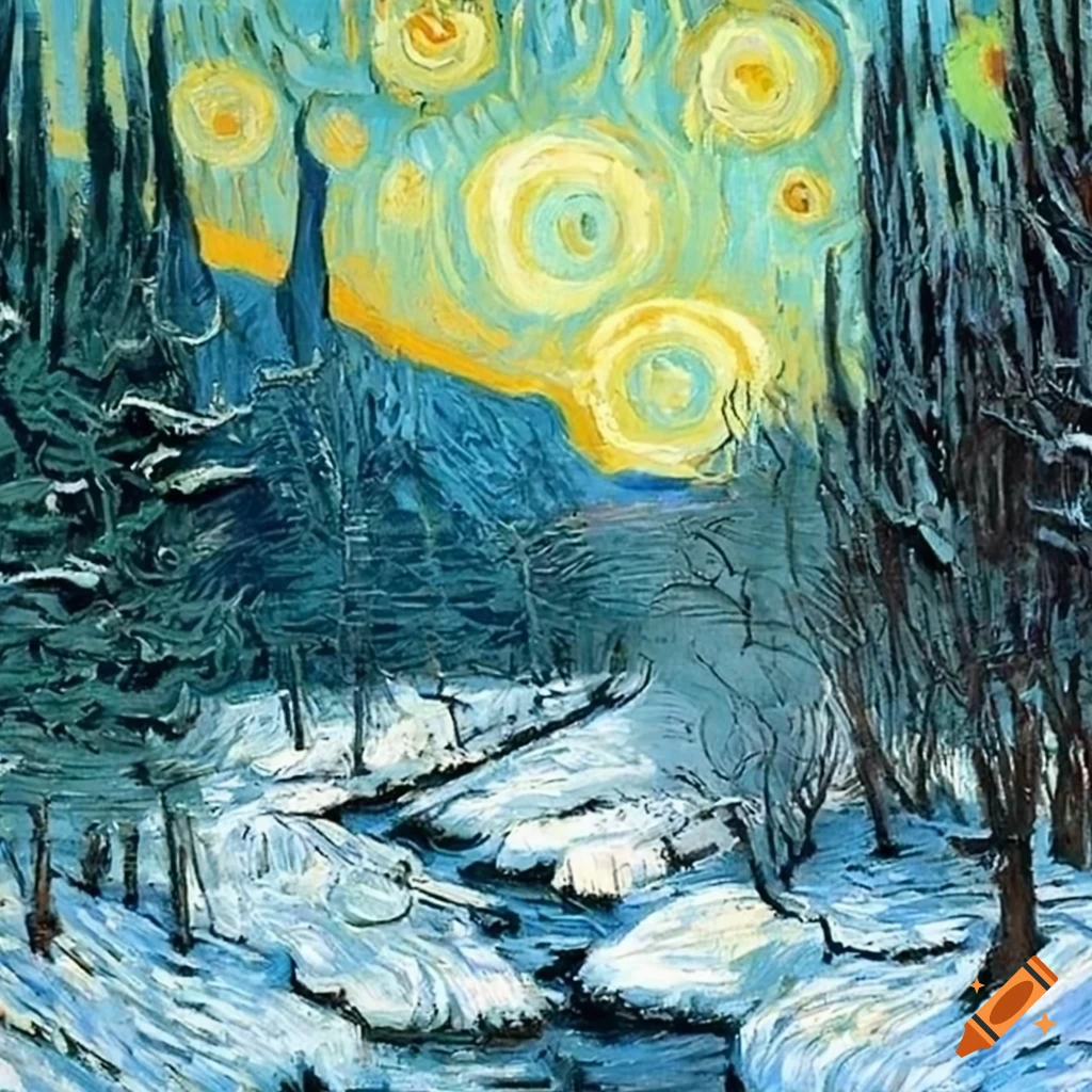 Forest in the winter drawn by van gogh on Craiyon