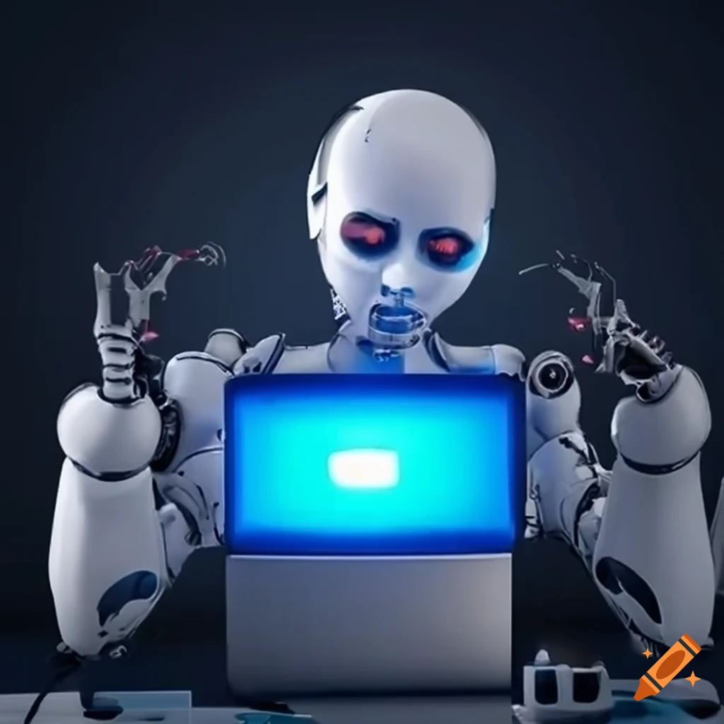 A robot searching on the computer at the office