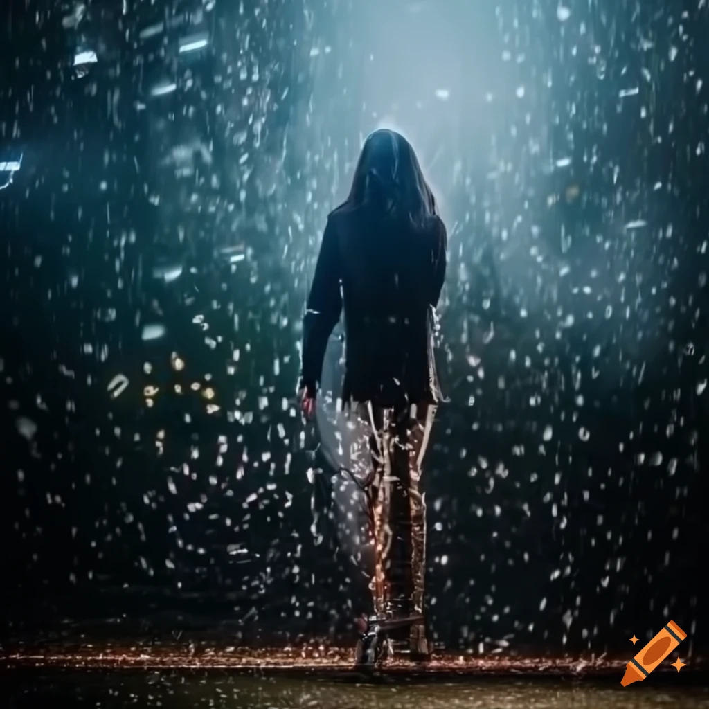 A woman standing in front, rain, broad light, ambient occlusion ...