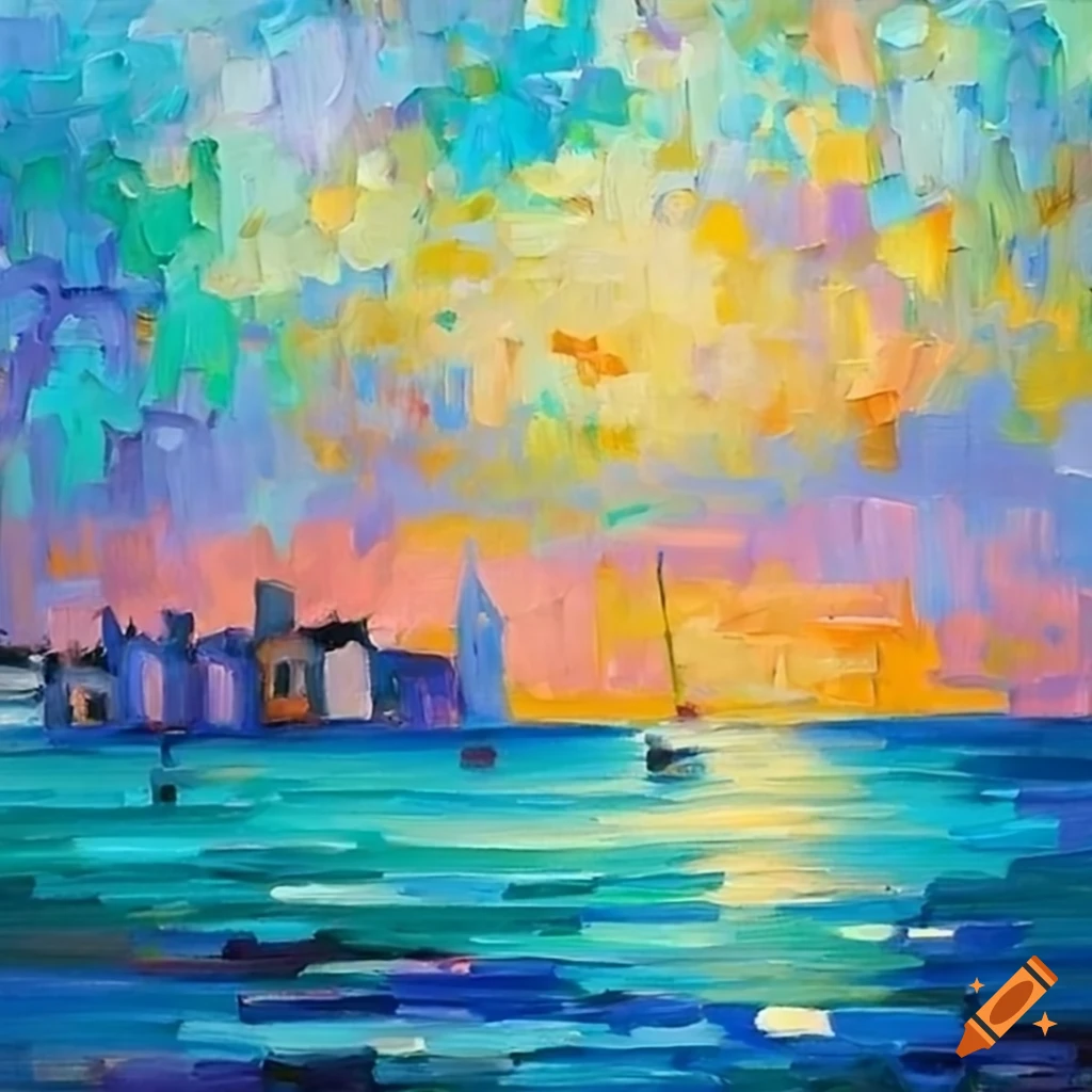 Impressionist painting of ocean and town