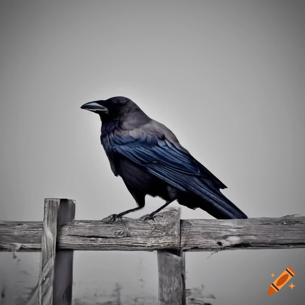 Crow on old wooden fence gray sky