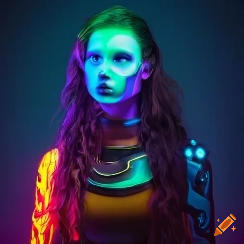 "Futuristic staff costume in vibrant colors with LED accents and digital patterns." on Craiyon