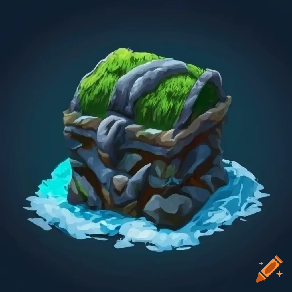 Isometric chest in the style of a 2d game made of stone overgrown with ...