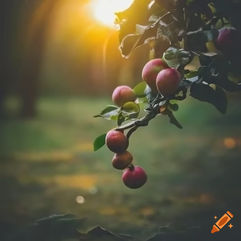 Sunrise in the jungle with one apple tree on the right side