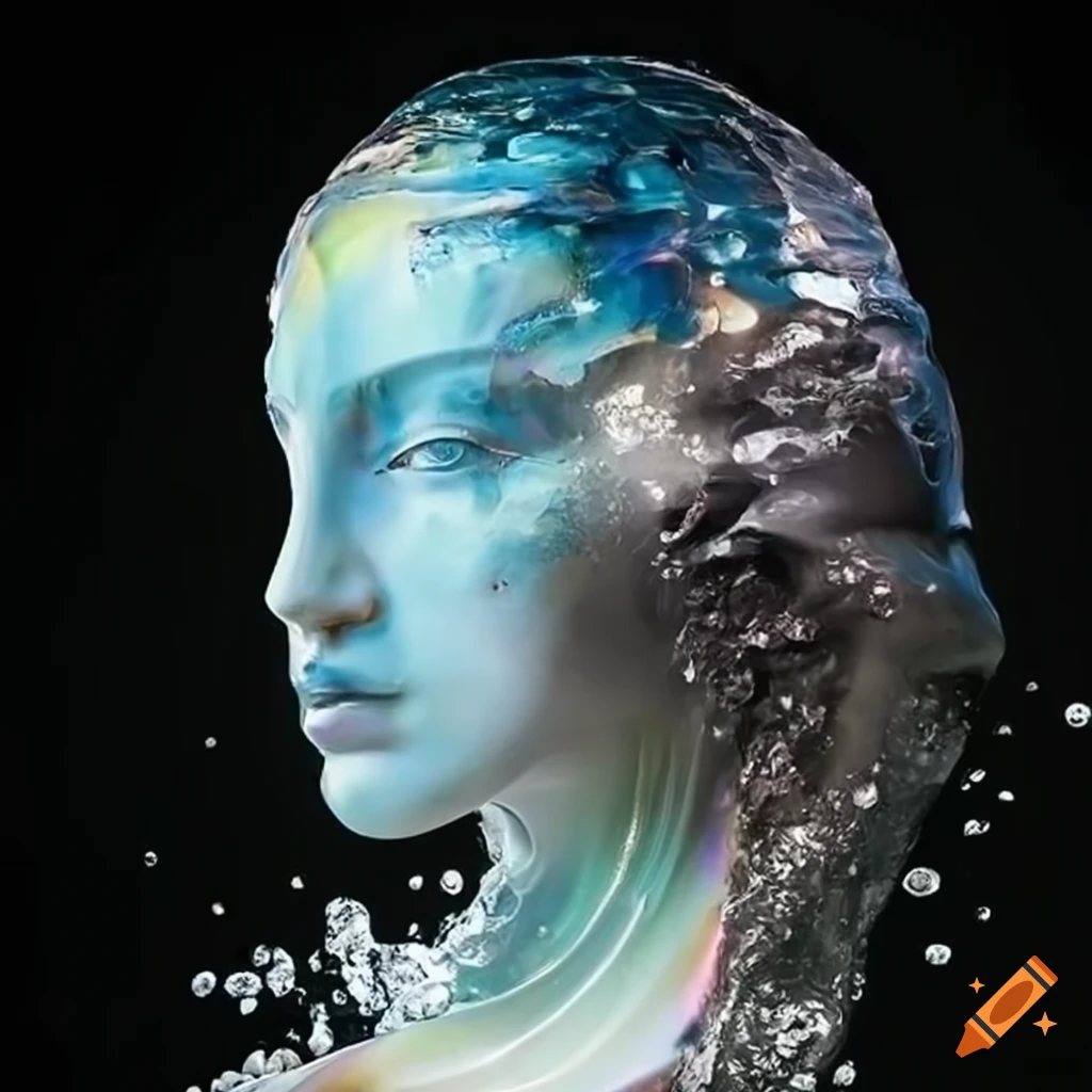 A surreal marble sculpture of a geometric human face splashed with iridescent water on Craiyon