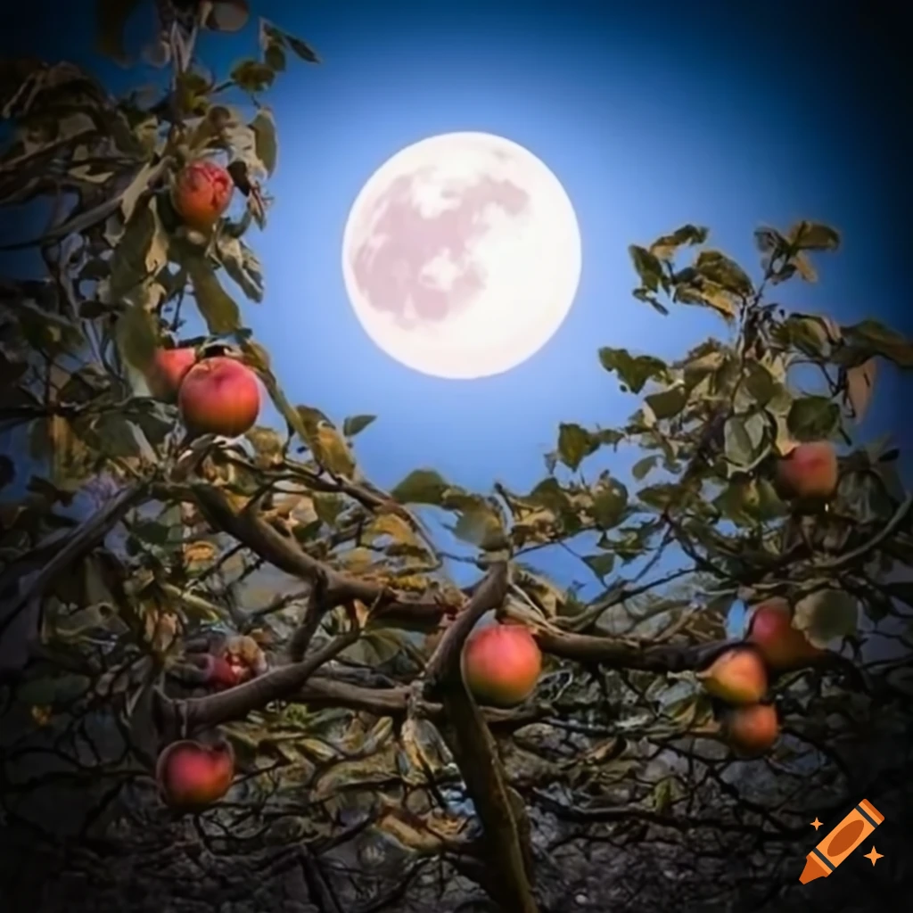 Apple tree with fruit in a garden dramatic moon light with fog
