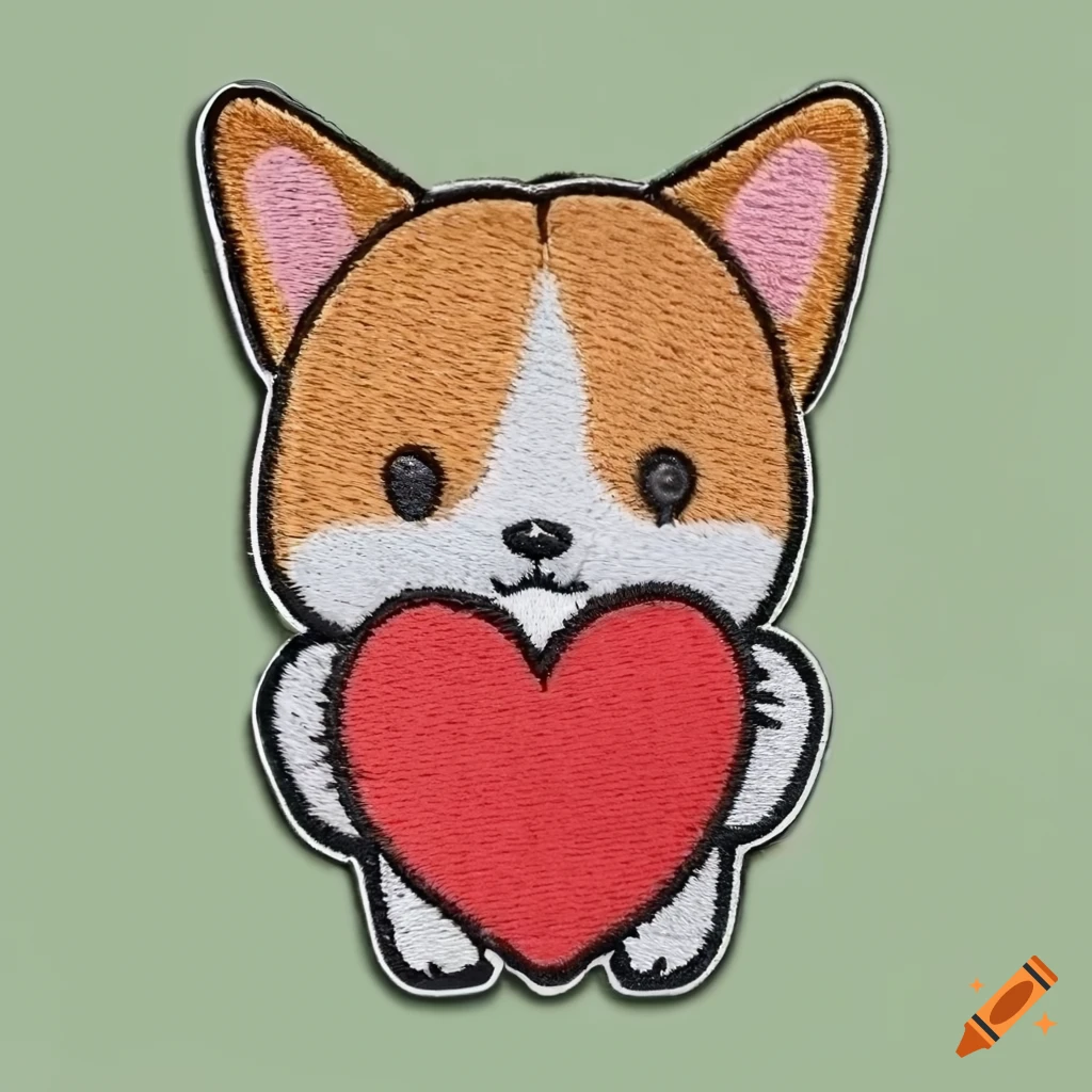 Embroidered Kawaii corgi holding a red heart, sticker, flat on Craiyon