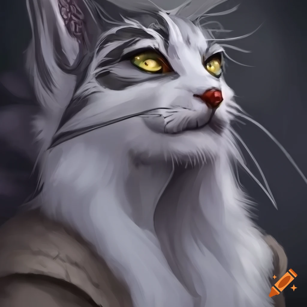 Fantasy portrait tabaxi dnd female character black and white fur maine ...