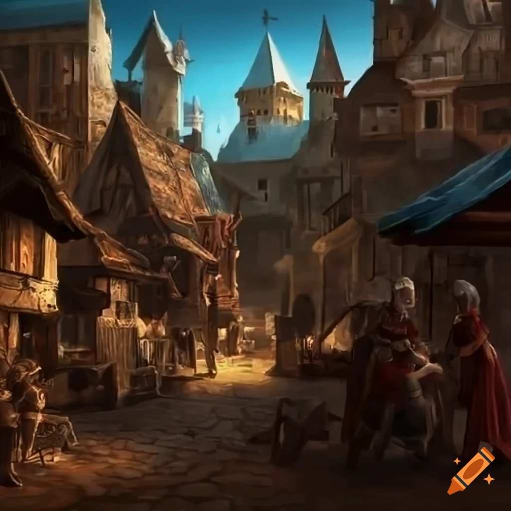 Friendly marketplace in a medieval fantasy world on Craiyon