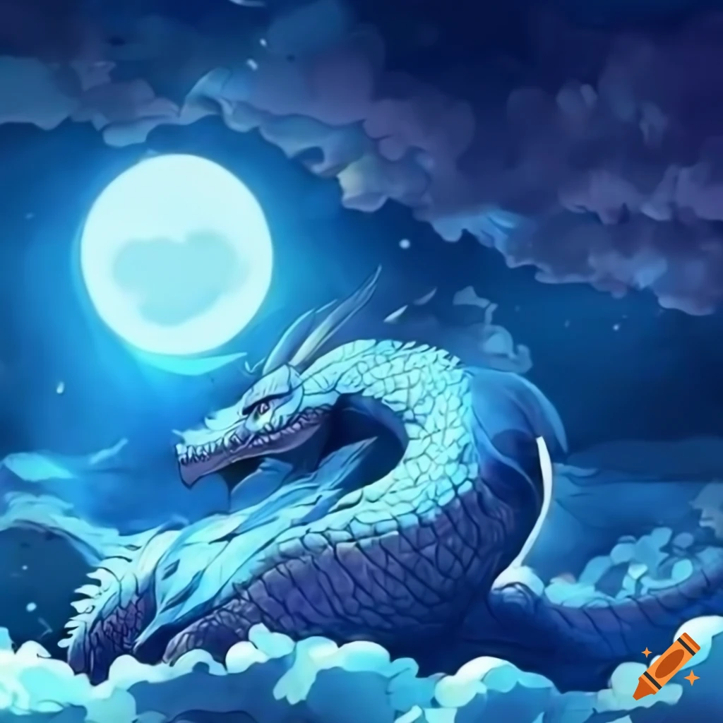 Dragón anime, azul, volando entre nubes, encima de un pueblo japonés ...