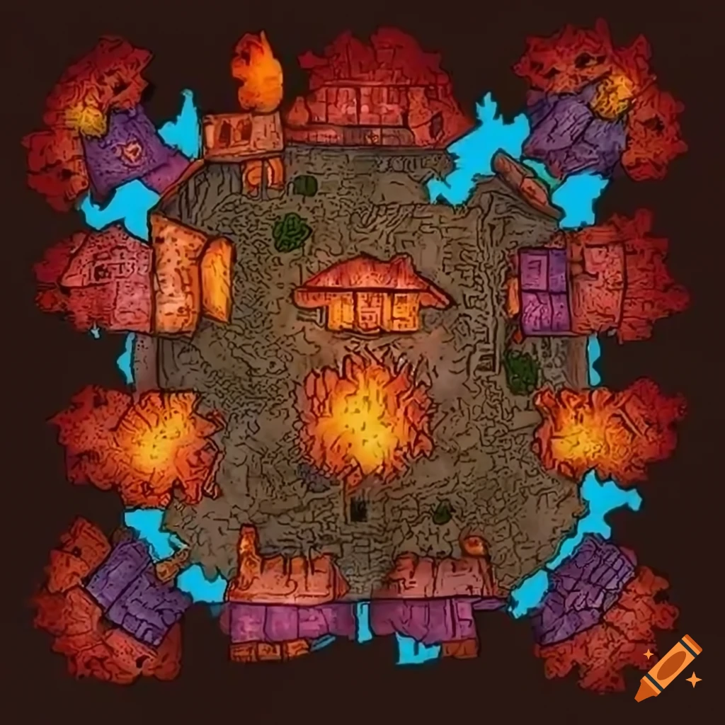 A top-down map of flaming stone houses for DND battle on Craiyon
