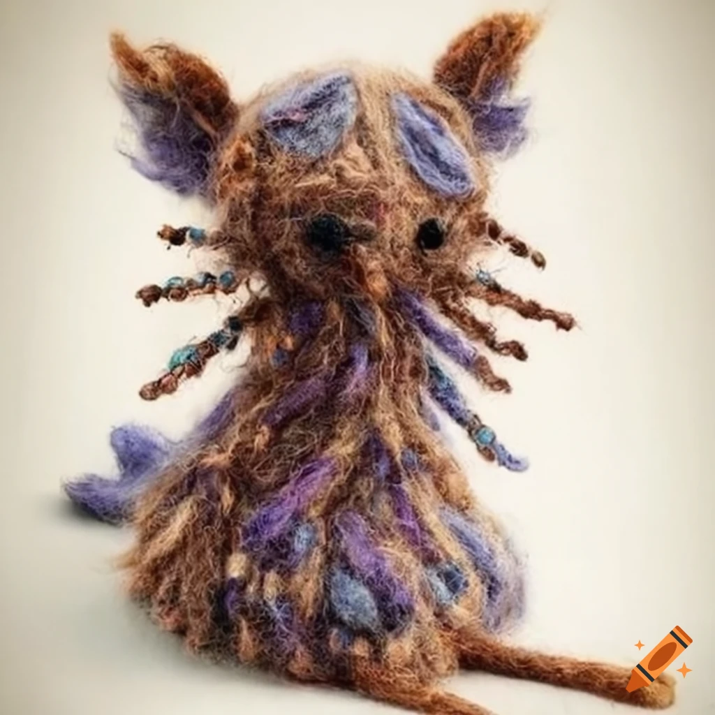 Felted wool creatures wearing intricate outfits