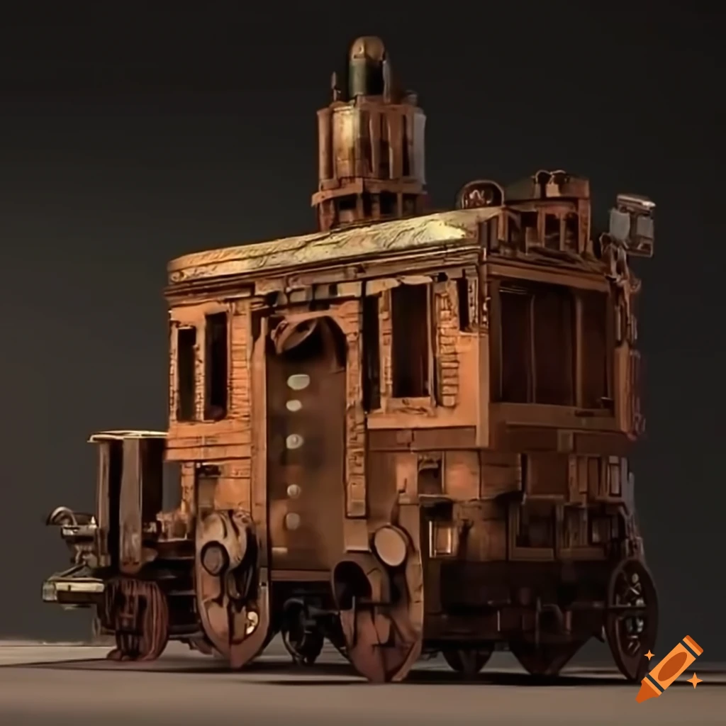 A massive steampunk train wagon that has a city block with different ...