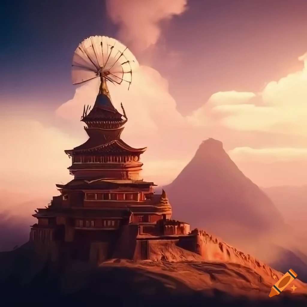 Fantasy tibetan temple with windmill fan parapets on a mountain peak ...