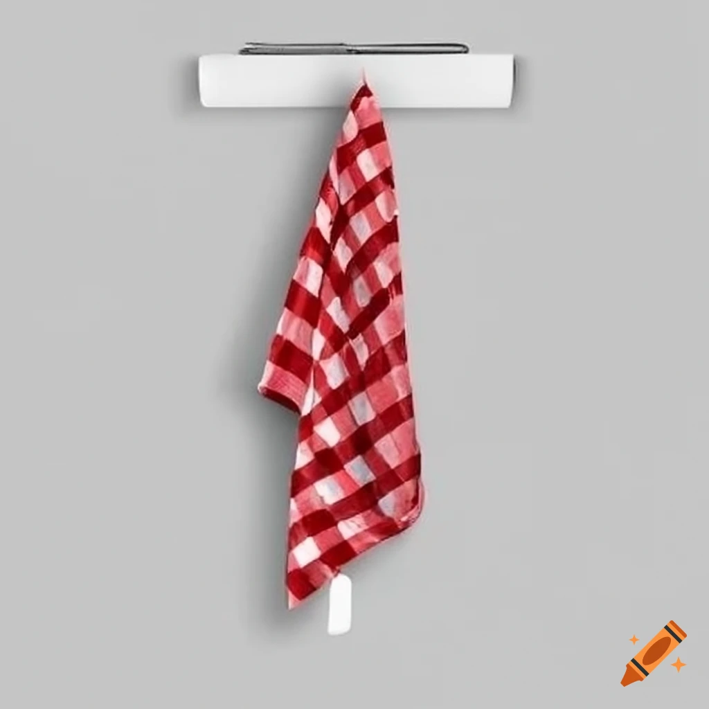 A red checkered dish towel hanging on a hook