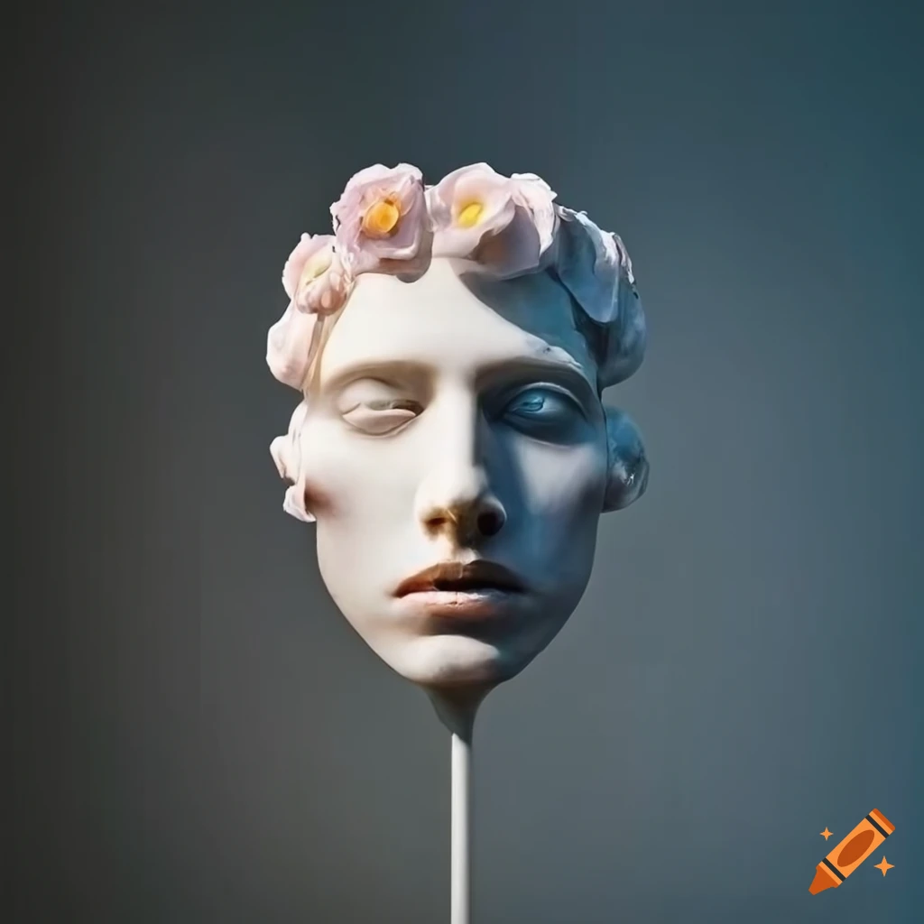 Surreal marble sculpture of a male face lost in the reverie of love ...