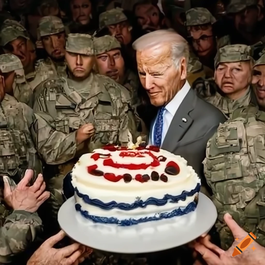 Joe biden eating cake surrounded by hundreds of soldiers