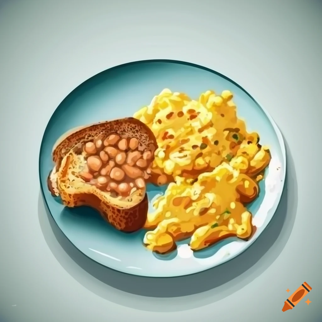 Full scrambled egg with toast and baked beans in a plate illustration ...