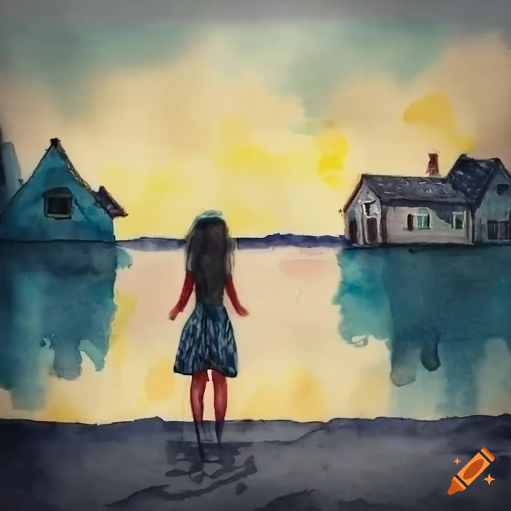 Shadow of girl looking over lake and a house