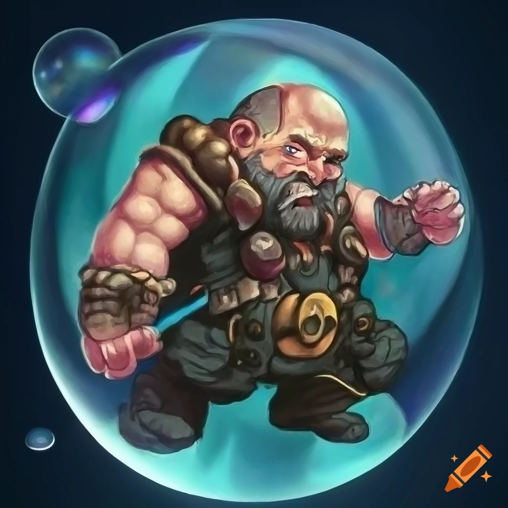 Hd realistic colored drawing of a male dwarf inside a bubble on Craiyon