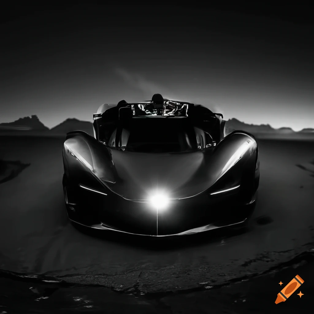 Black and white hyper car photo real mountain background