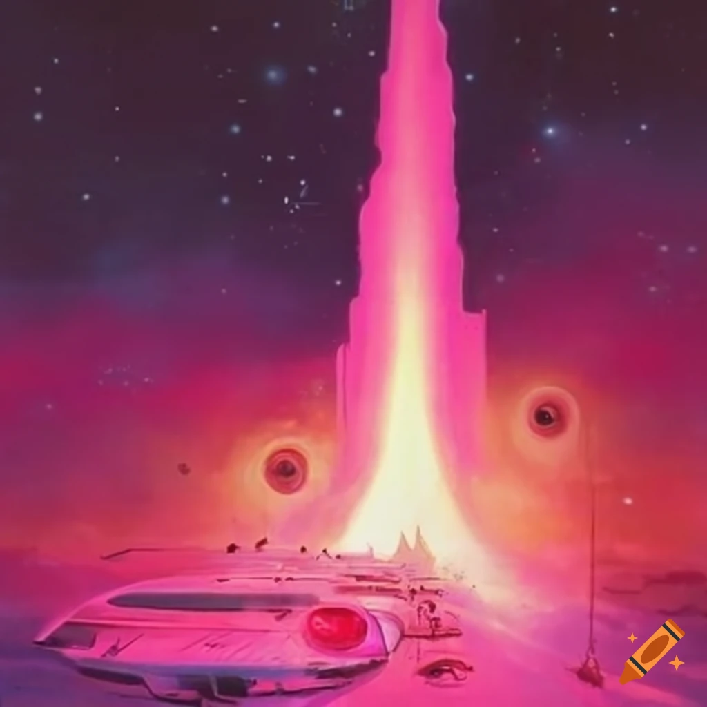 70s sci fi pink lightspeed attack art on Craiyon