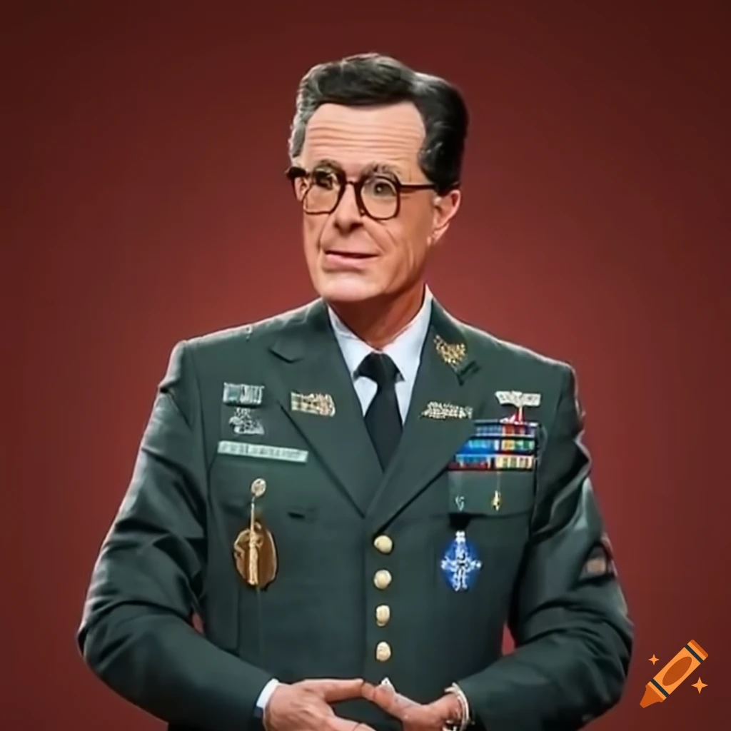 Stephen colbert dressed as a military leader addressing a crowd